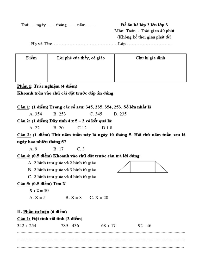 De On Tap He Toan Lop 2 Len Lop 3 de Toan On Tap He Lop 2 Len Lop 3 1 | PDF