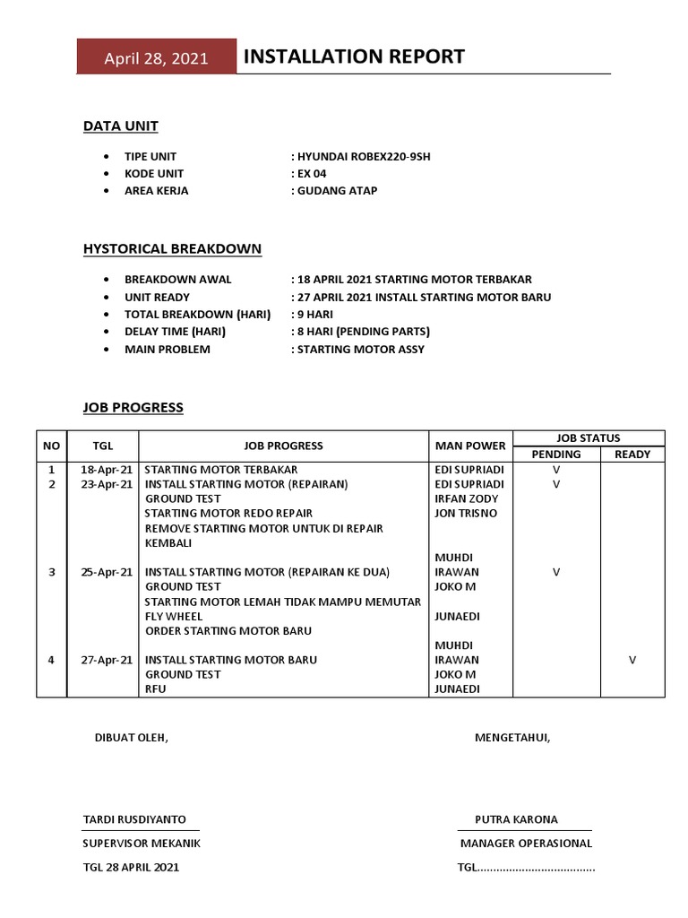 Installation Report Starting Motor Hyundai | PDF