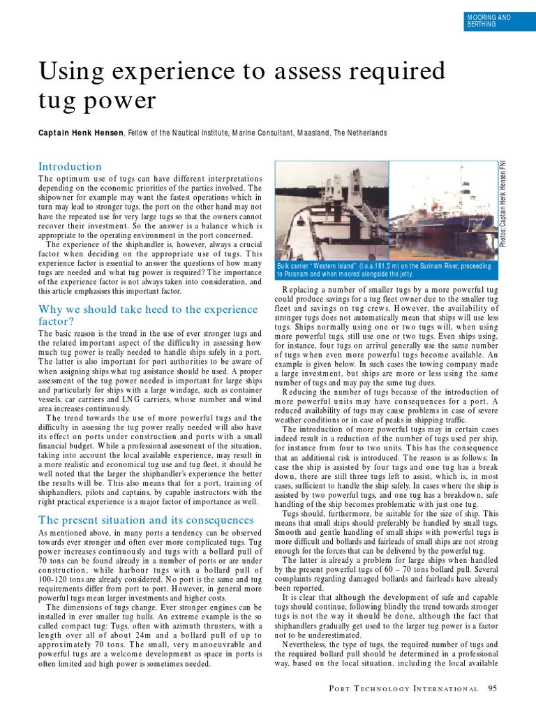 Using Experience To Assess Required Tug Power | PDF | Tugboat | Ships