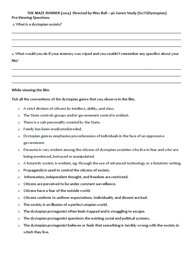 THE MAZE RUNNER (2014) Directed by Wes Ball - 9G Genre Study (Sci Fi ...