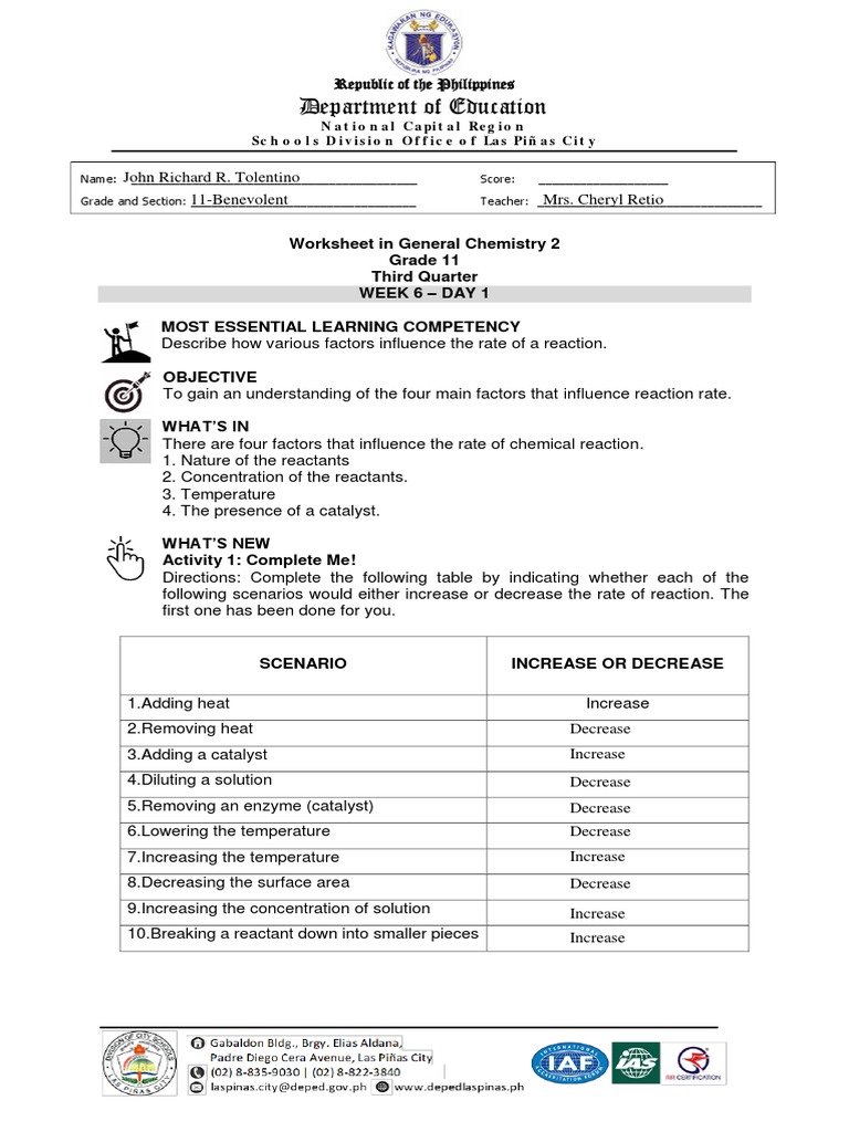 Chemistry Reaction Rate Factors Worksheet | PDF | Catalysis | Reaction Rate