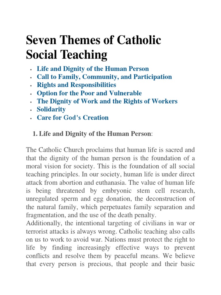 Seven Themes of Catholic Social Teaching | PDF | Catholic Social Teaching | Dignity