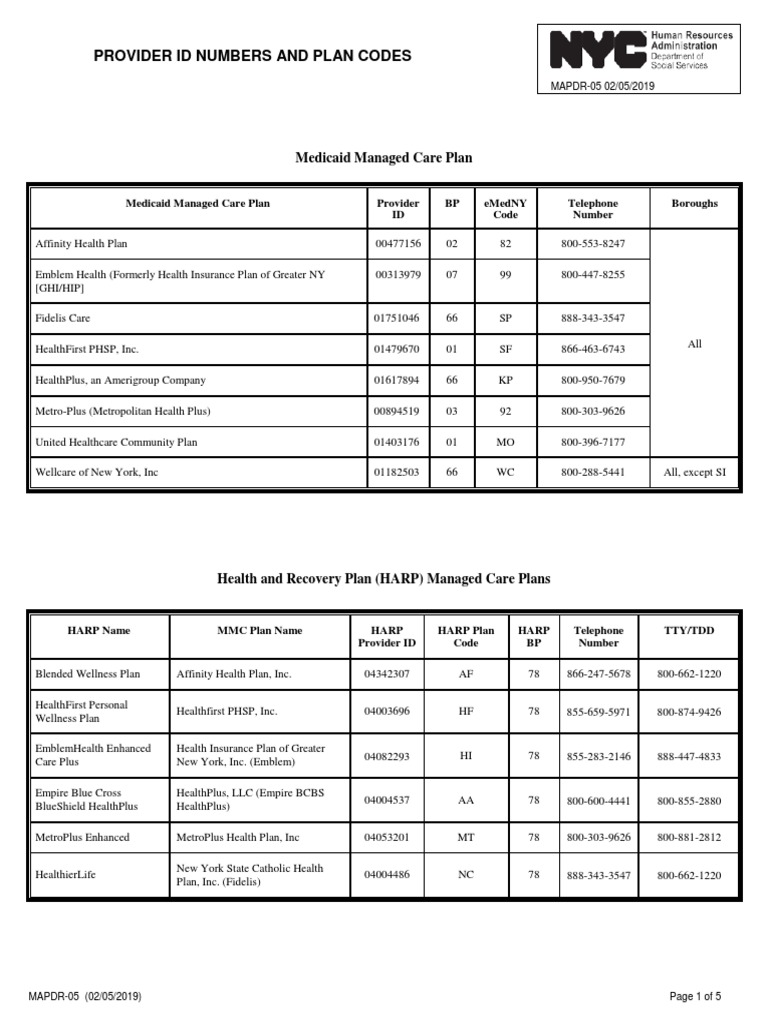 Provider Id Numbers and Plan Codes: Medicaid Managed Care Plan | PDF ...