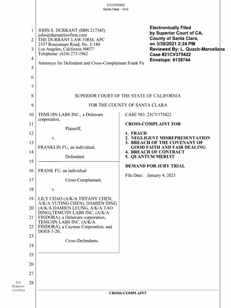 Frank Fu Lawsuit Against Findora, Lily Chao, Damien Leung | PDF ...