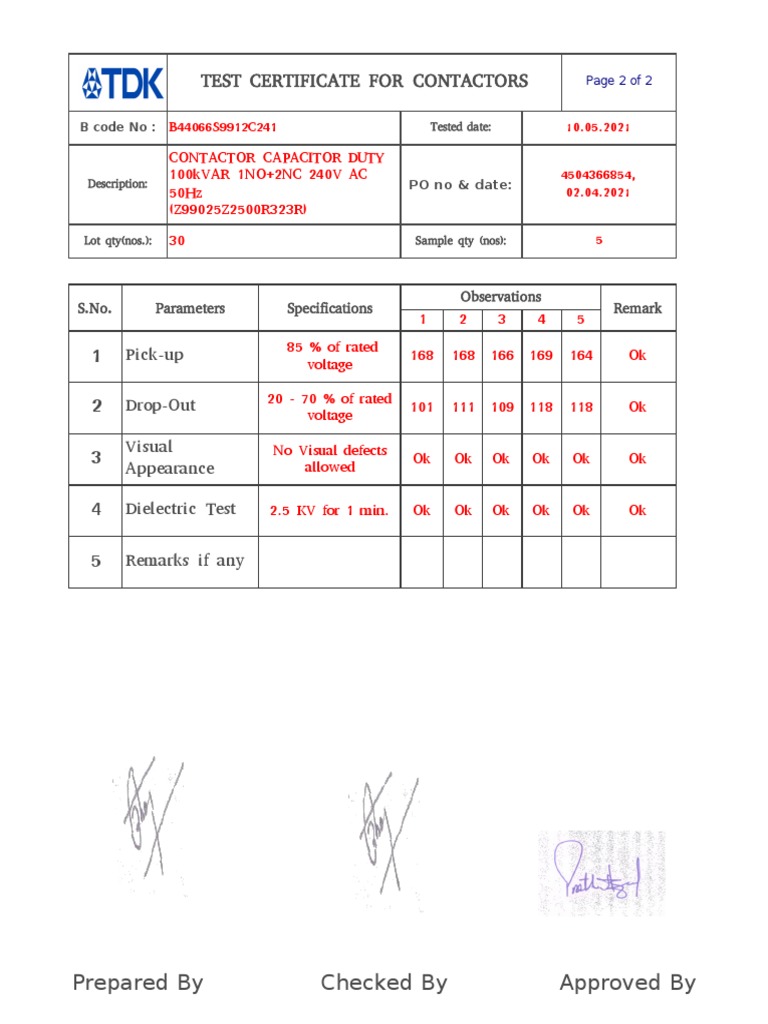 Contactor Test Certificate Summary | PDF | Power (Physics) | Electricity
