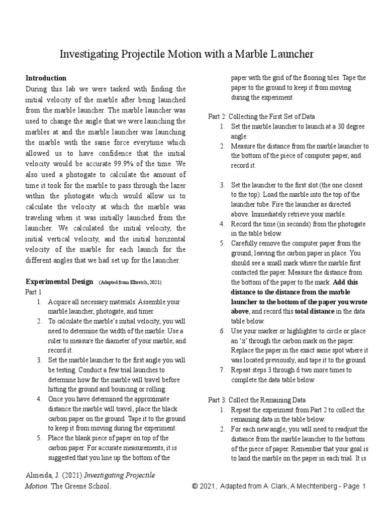 Jayden Almeida - Investigating Projectile Motion Lab Marble Launcher ...