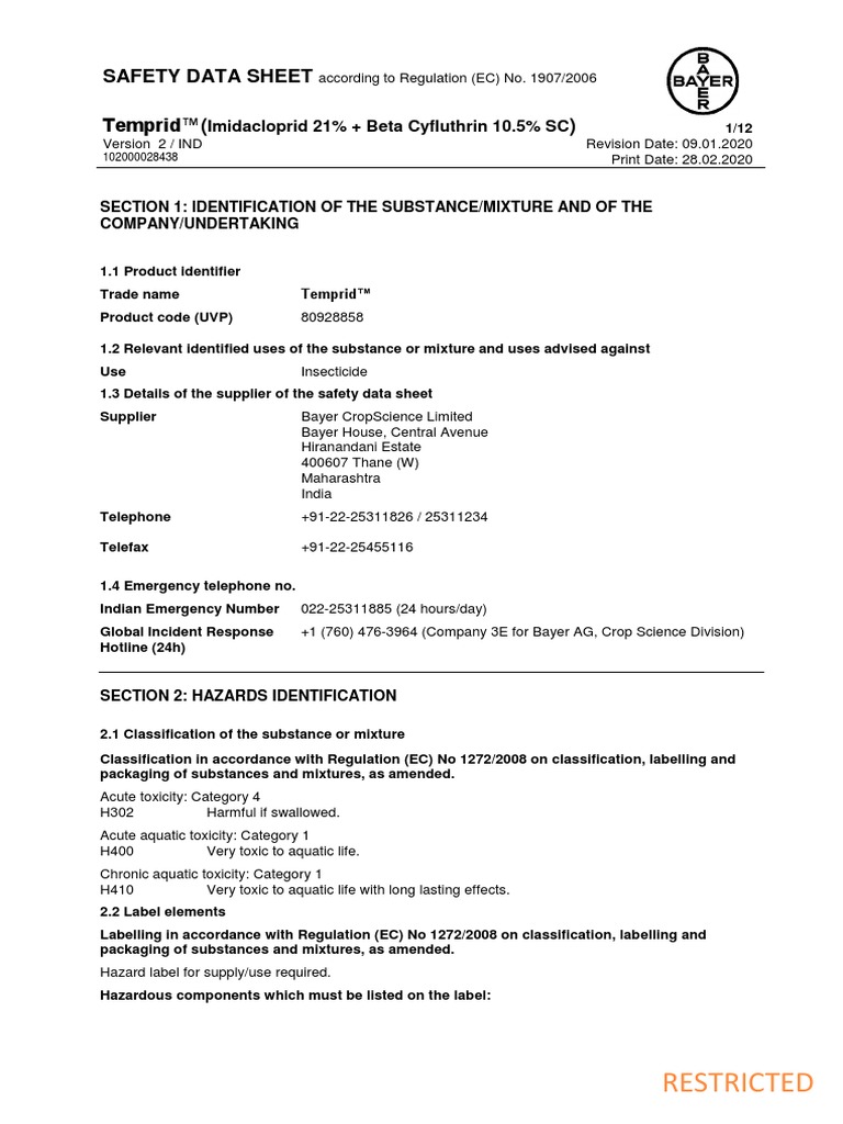 Restricted: Safety Data Sheet Temprid™ | PDF | Dangerous Goods | Toxicity