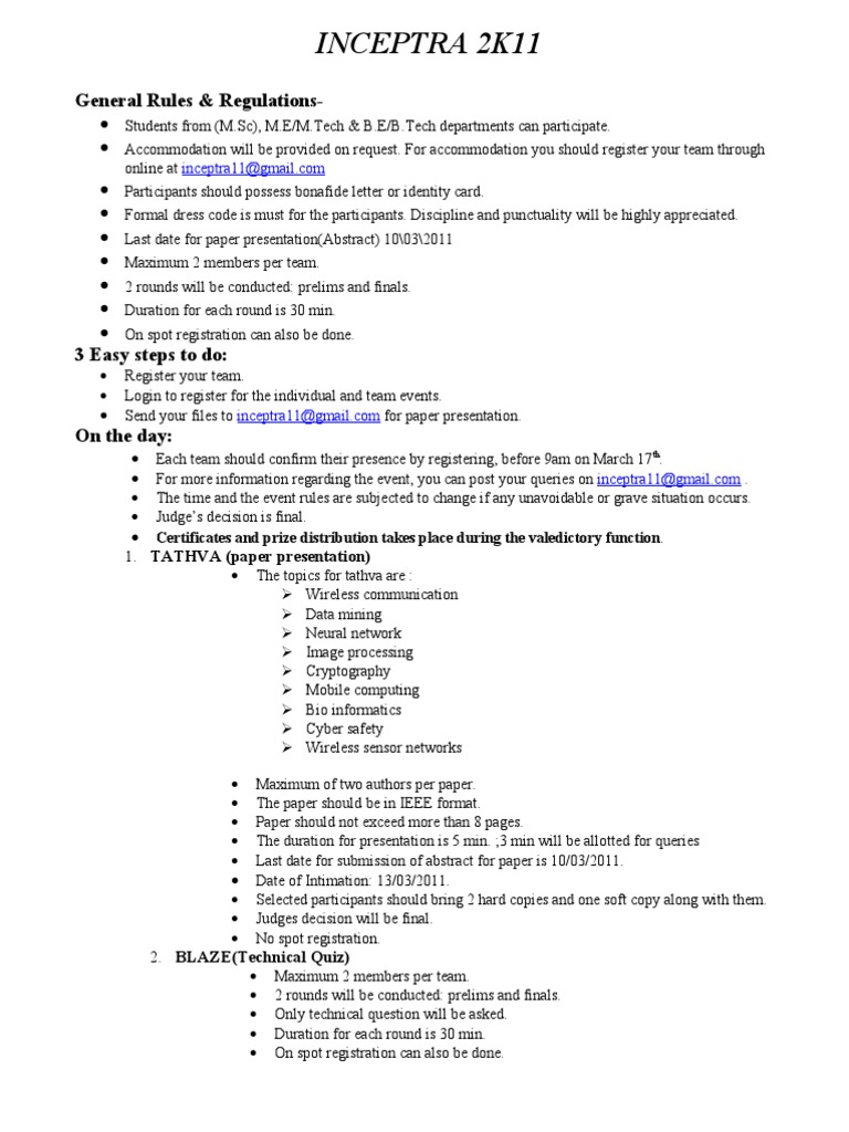 Inceptra 2K11: General Rules & Regulations | Download Free PDF ...