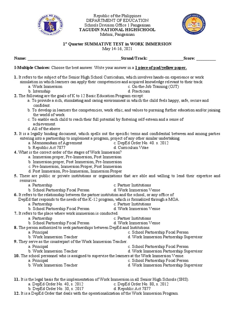 1st Quarter Summative Test in WORK IMMERSION | PDF | Teachers | Curriculum