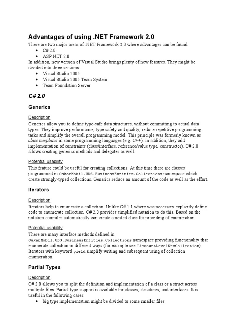 Advantages of Using .NET Framework 2.0 | PDF | Class (Computer ...