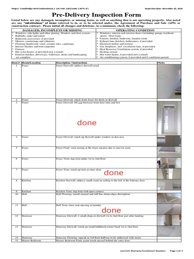Pre-Delivery Inspection Form: Item # Room/Location Description ...