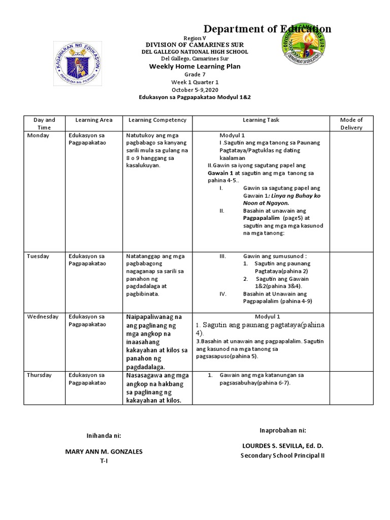 ESP Weekly Home Learning PLan | PDF