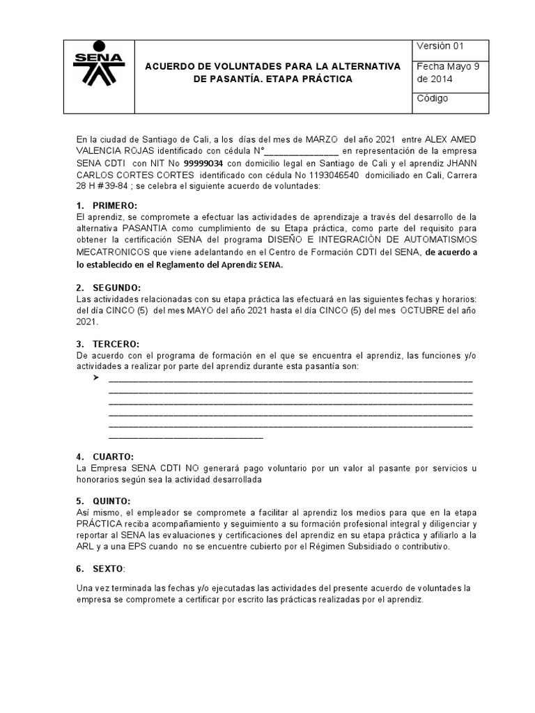 Formato Acuerdo de Voluntades | PDF | Empresas | Labor