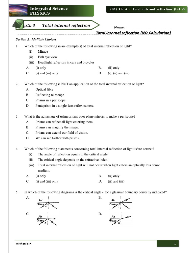 (TIR002) TIR (Drawing) - Student | PDF | Reflection (Physics) | Prism