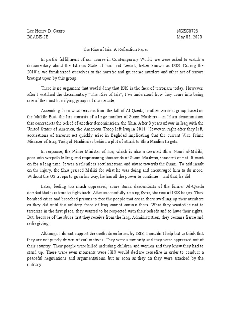 The Rise of Isis Reflection Paper | PDF | Islamic State Of Iraq And The ...