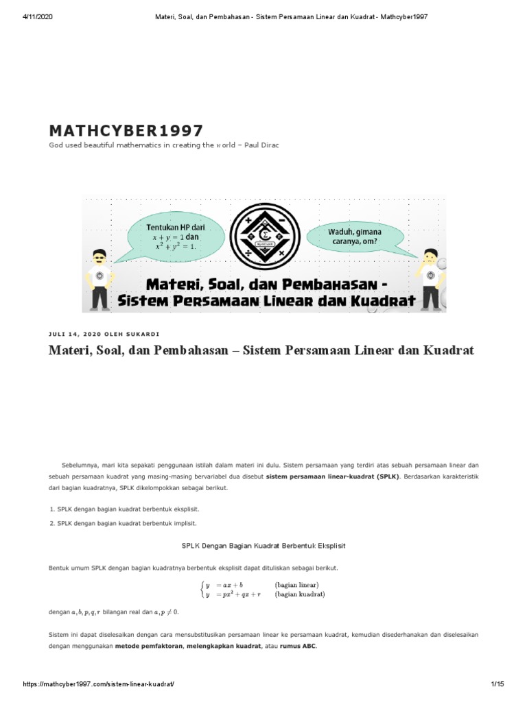 Materi, Soal, Dan Pembahasan - Sistem Persamaan Linear Dan Kuadrat - Mathcyber1997 | PDF