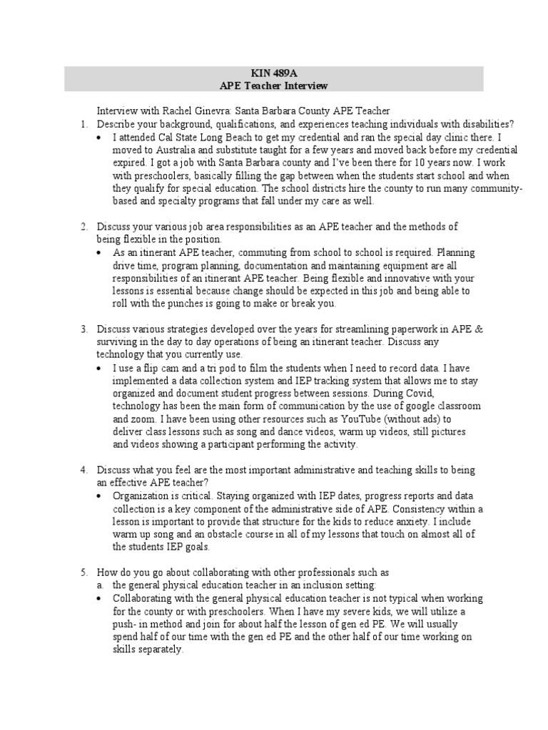 Kin 489a - Ape Teacher Interview 1 | PDF | Physical Education ...
