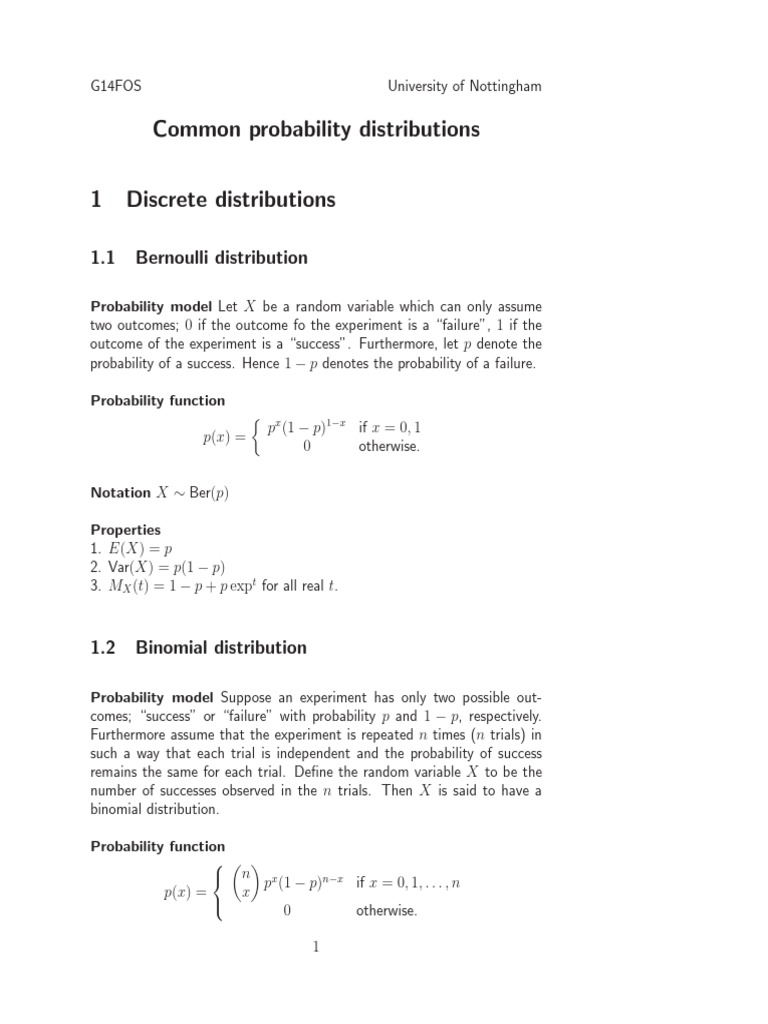 Common Probability Distributions: 1.1 Bernoulli Distribution | PDF | Poisson Distribution ...