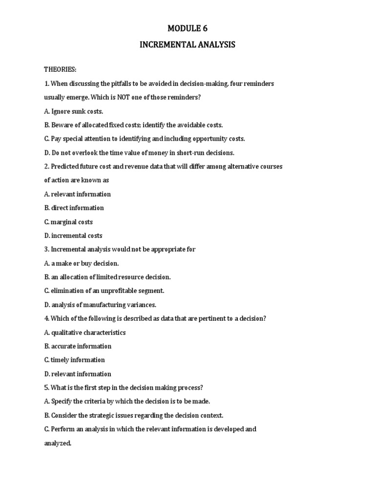 Incremental Analysis Qiuzzer | PDF | Cost | Decision Making