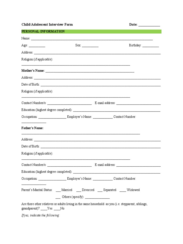 Child Intake Interview Form | PDF | Psychotherapy | Mental Health