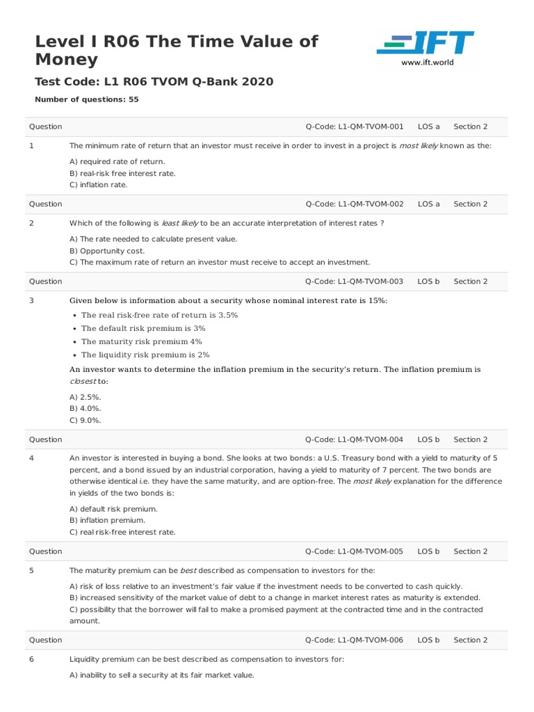 Level I R06 The Time Value of Money: Test Code: L1 R06 TVOM Q-Bank 2020 ...