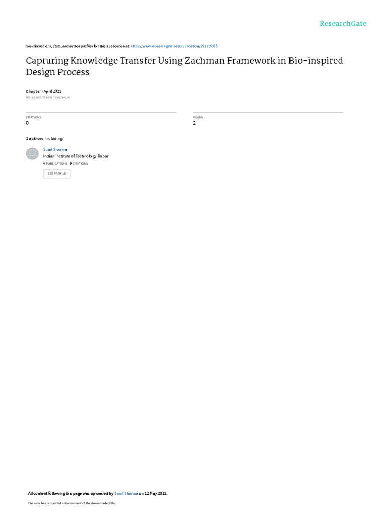 Capturing Knowledge Transfer Using Zachman Framework in Bio-Inspired Design Process | PDF ...
