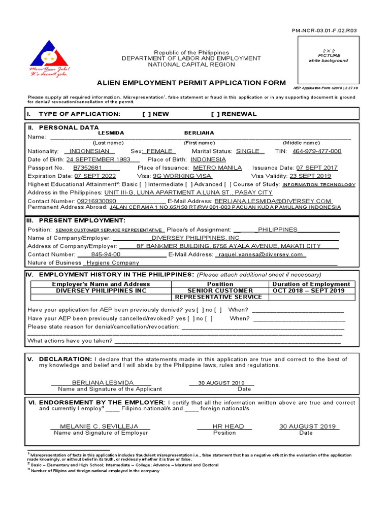 Alien Employment Permit Application Form: Type of Application: New ...