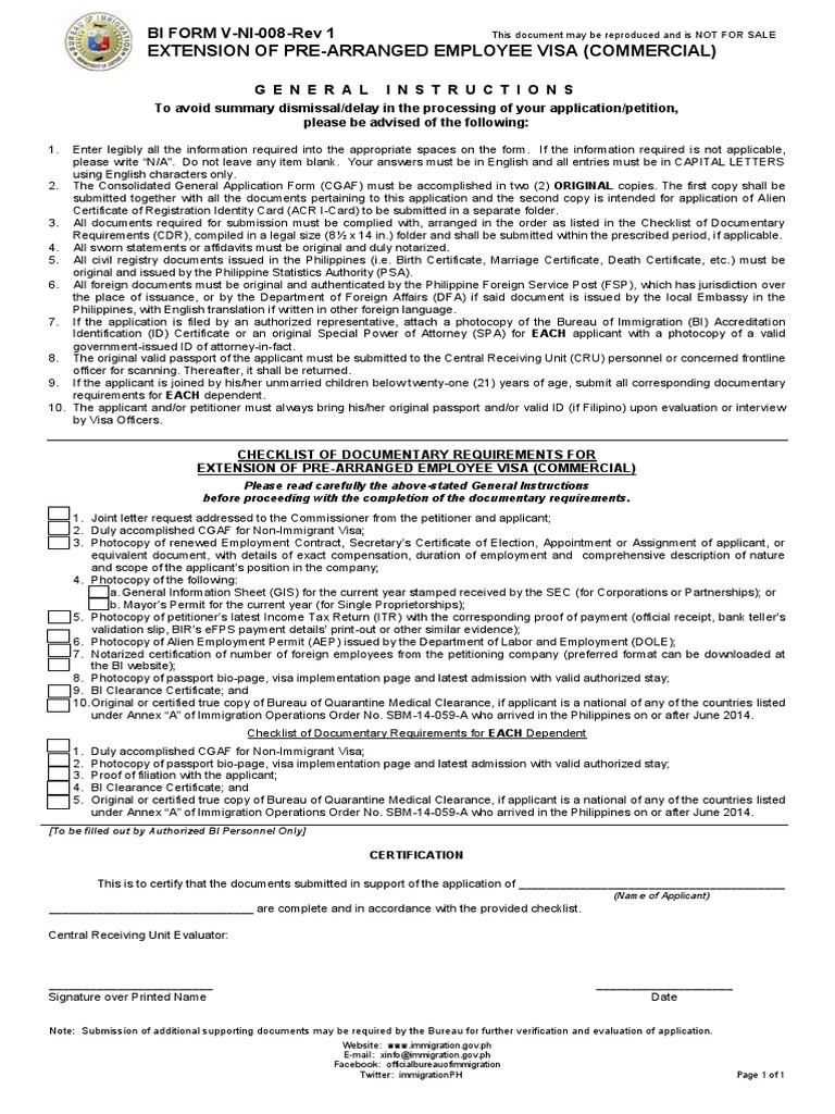 Extension of Pre-Arranged Employee Visa (Commercial) : BI FORM V-NI-008 ...