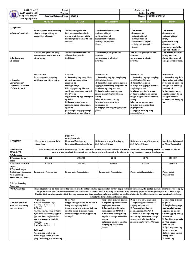DLL Mapeh Quarter 4 Week 1-9 | PDF