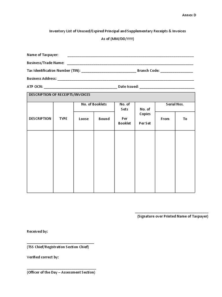 Inventory of Unused Receipts & Invoices | PDF