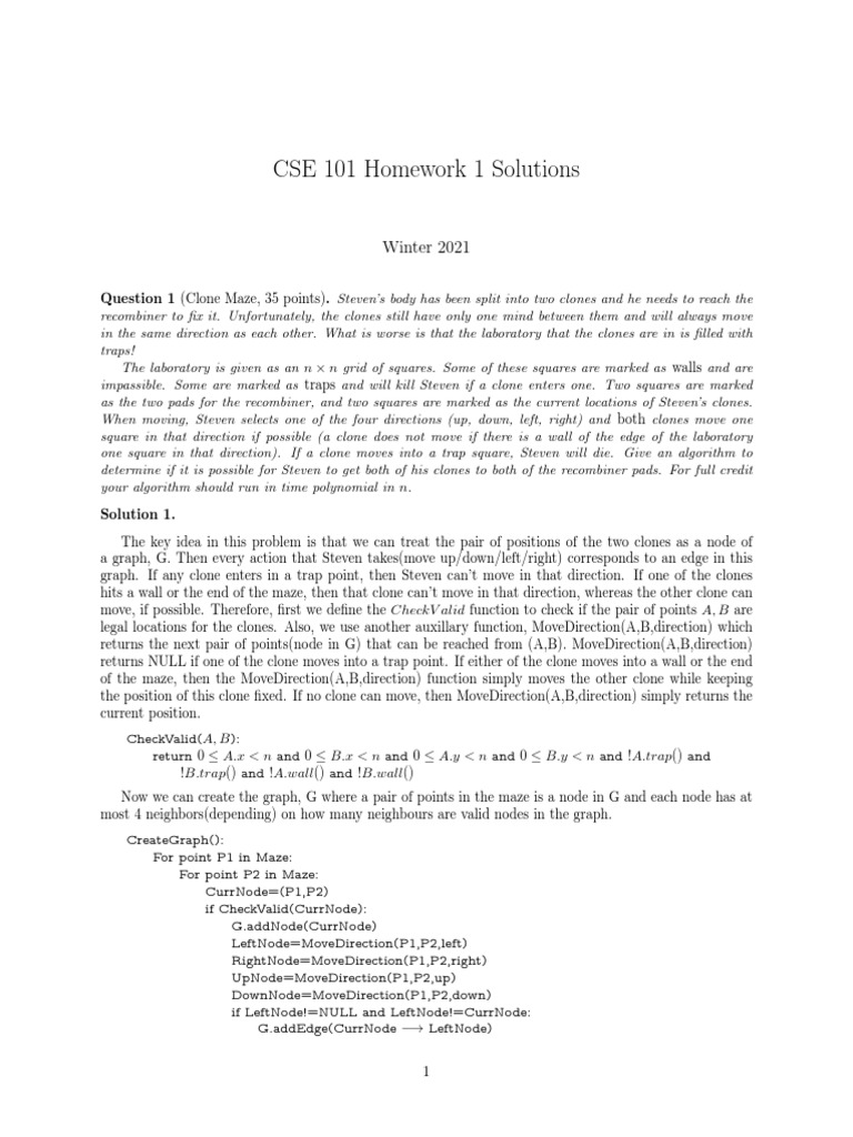 CSE 101 Homework 1 Solutions: Winter 2021 | PDF | Vertex (Graph Theory) | Time Complexity