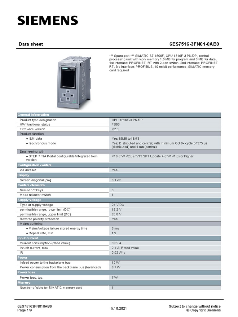 Data Sheet 6ES7516-3FN01-0AB0: General Information | PDF