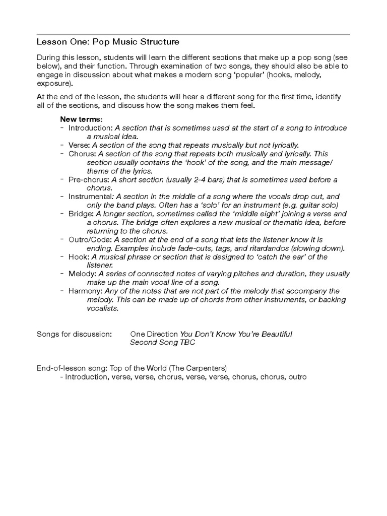 Lesson One: Pop Music Structure: New Terms | PDF | Song Structure ...