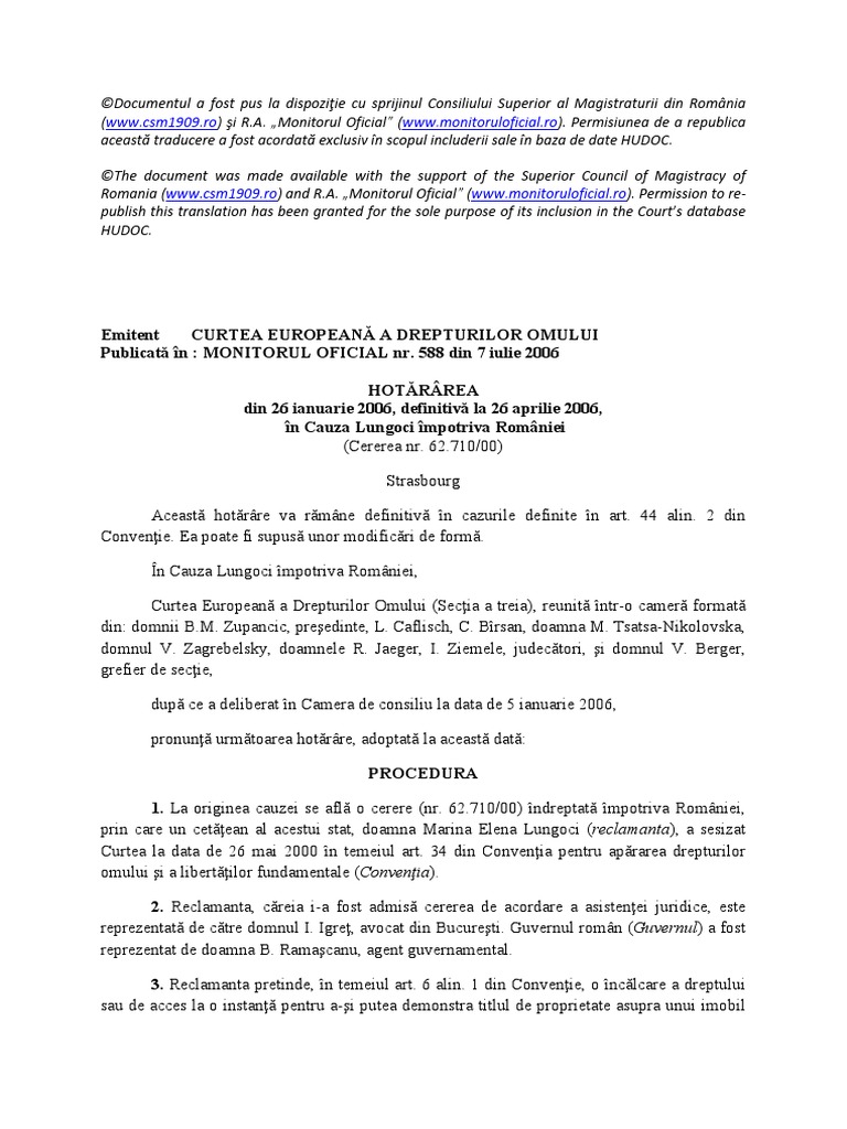 CASE OF LUNGOCI v. ROMANIA - (Romanian Translation) Provided by The SCM ...