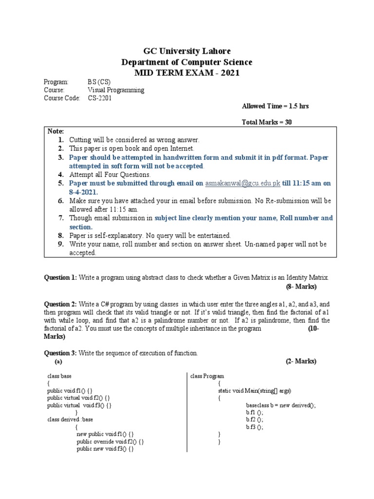 GC University Lahore Department of Computer Science Mid Term Exam ...