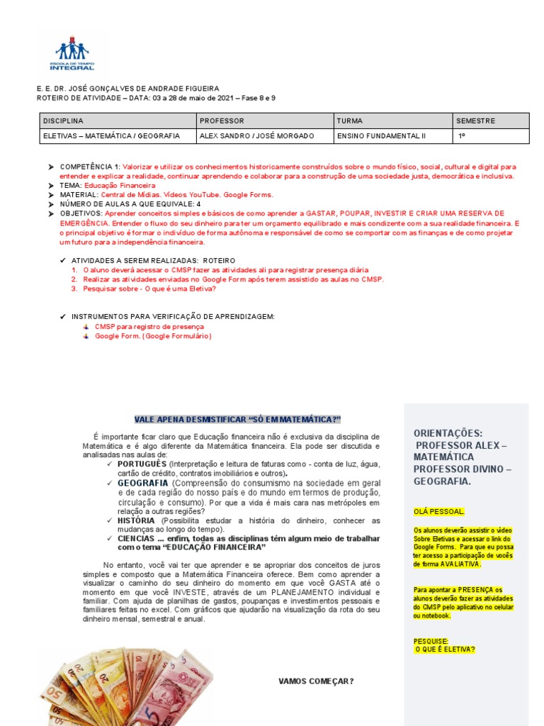 ALEX E JOSÉ Plano de Aula Eletiva - Fase 8 e 9 | PDF | Dinheiro | Aprendizado