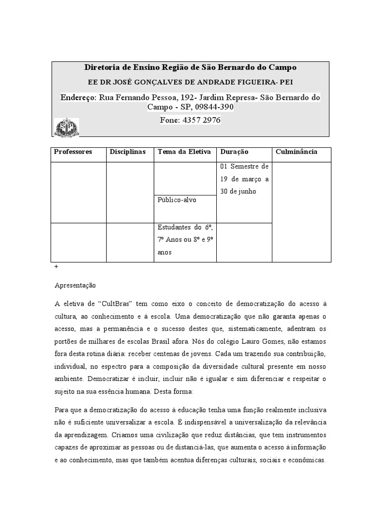Ementa Eletiva - Modelo | PDF | Escravidão | Aprendizado