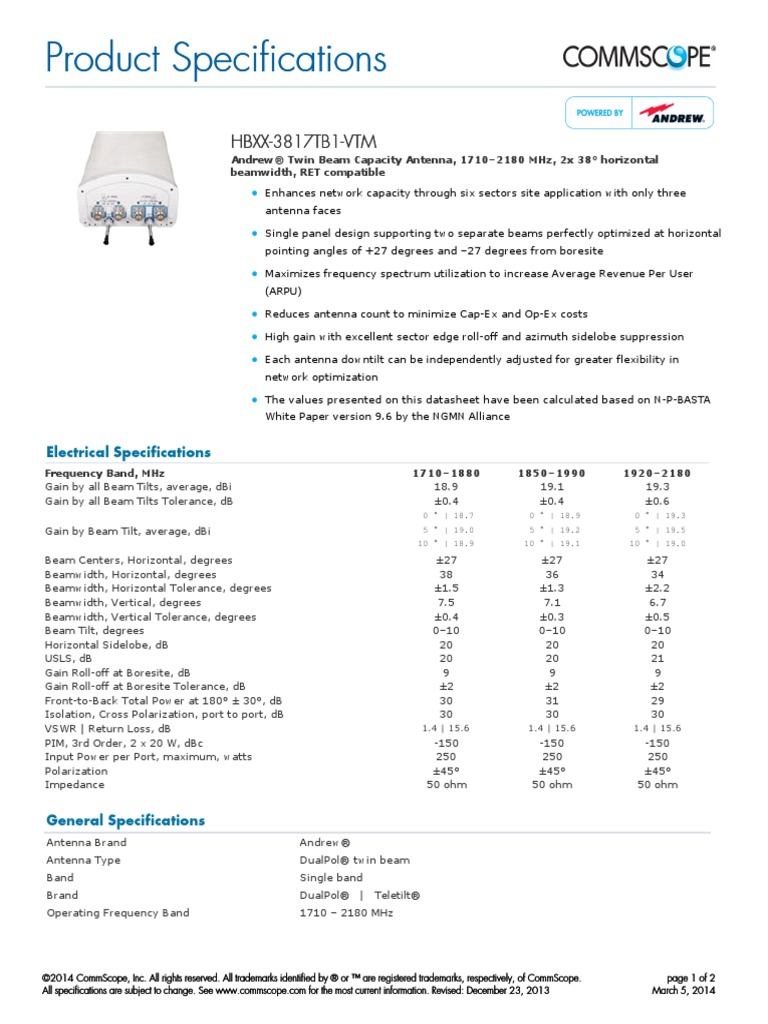 Commscope HBXX-3817TB1-VTM | PDF | Antenna (Radio) | Decibel