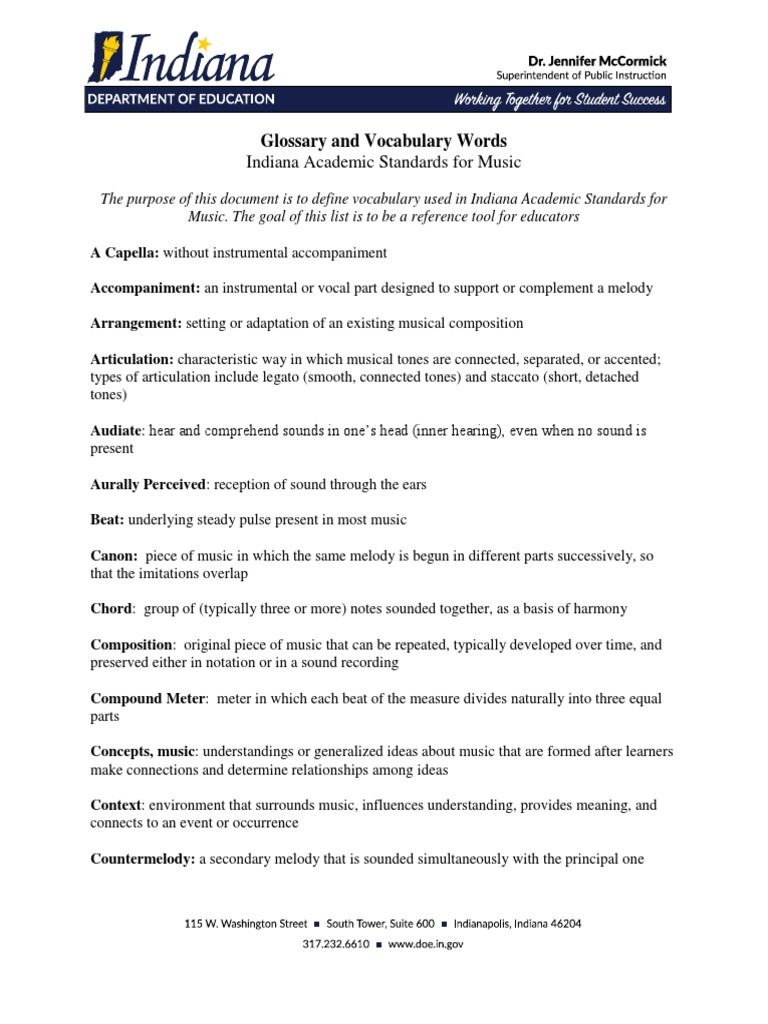 Indiana Academic Standards For Music: Glossary and Vocabulary Words ...