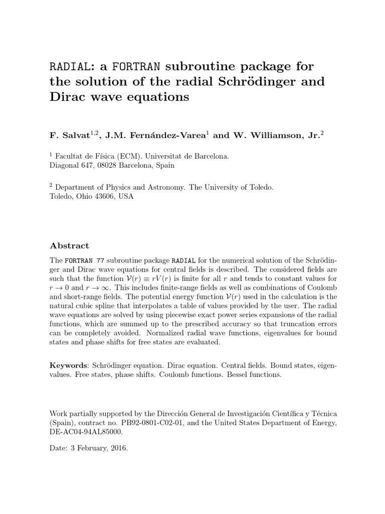 Radial Schrödinger and Dirac wave equations solver | PDF | Spin (Physics) | Schrödinger Equation