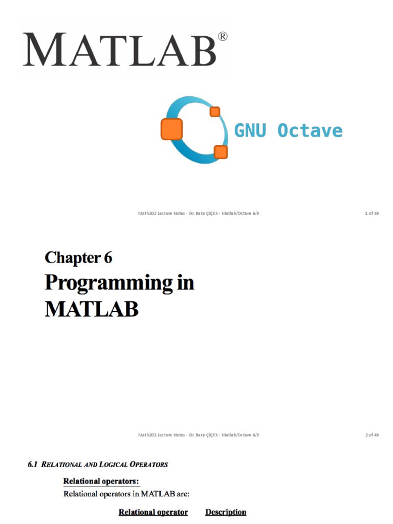 Math202 Lecture Notes - Dr. Barış ÇİÇEK - Matlab/Octave 6/9 1 of 49 ...