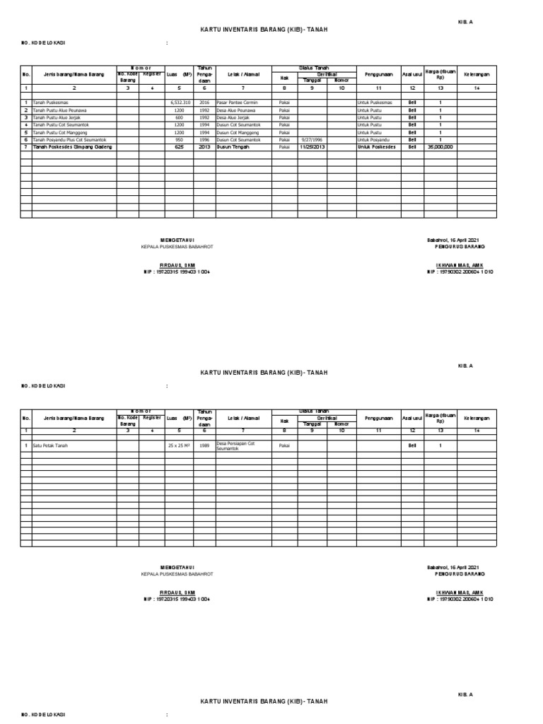 Form KIB Dan KIR PKM BABAHROT | PDF