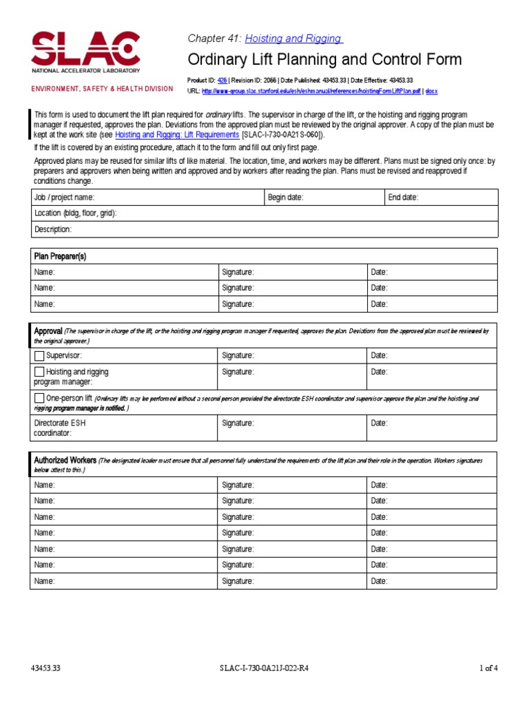 Ordinary Lift Planning and Control Form | PDF | Weight | Gear