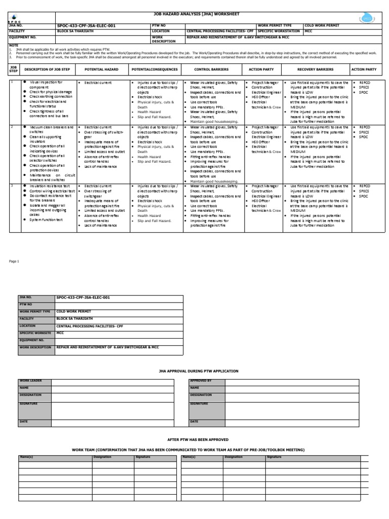 Electrical Job Hazard Analysis Worksheet | PDF | Personal Protective ...