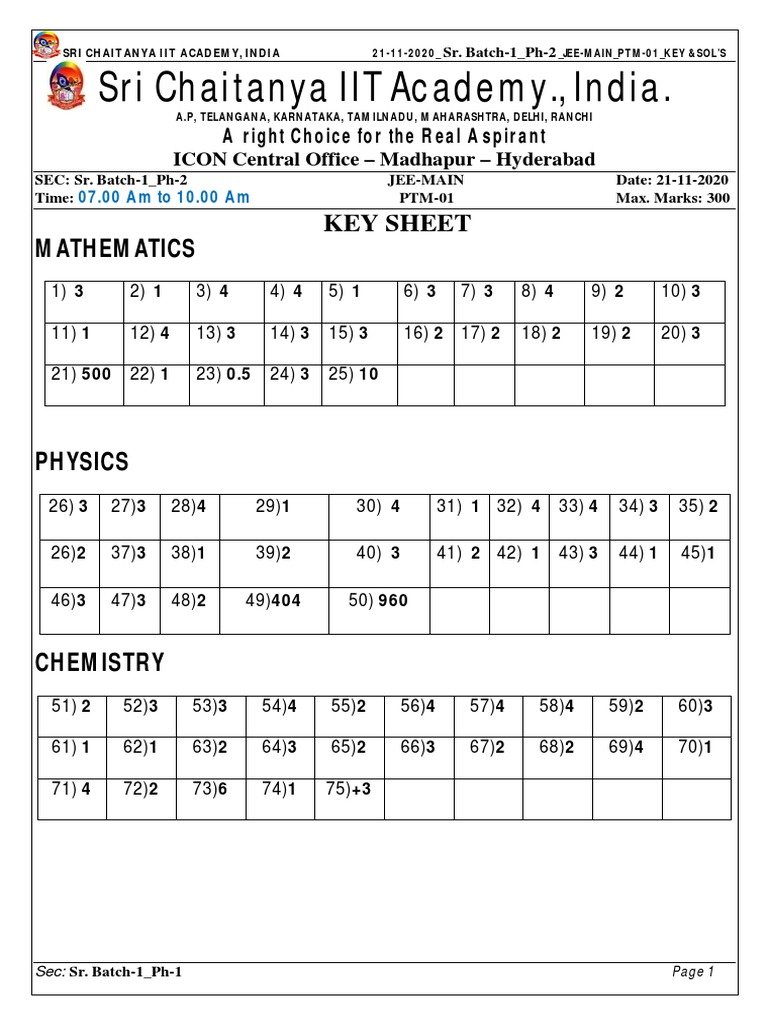 Sri Chaitanya IIT Academy., India.: Key Sheet Mathematics | PDF