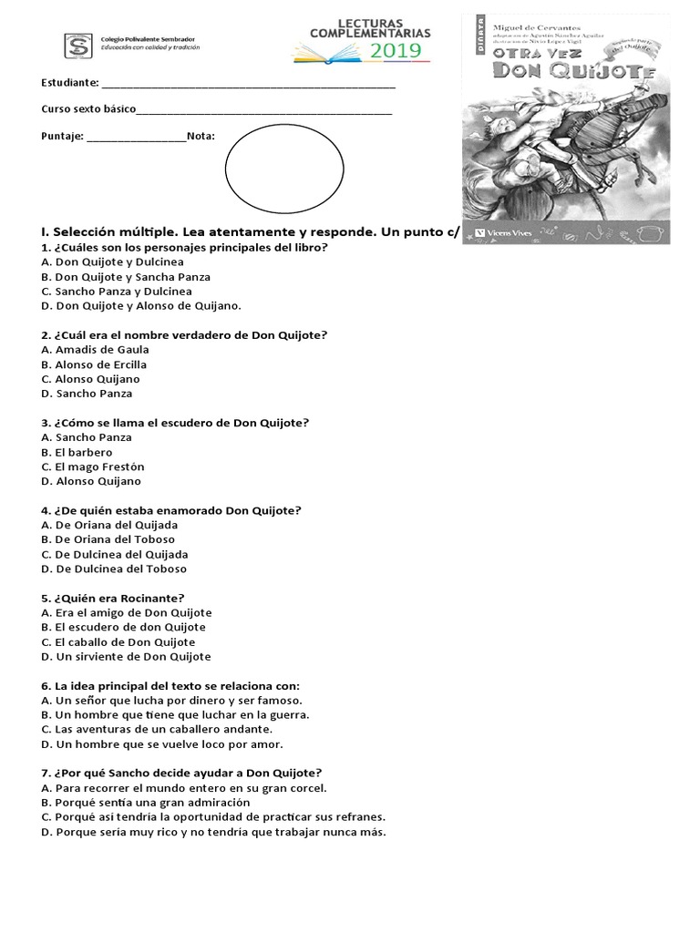 Prueba de comprensión: Don Quijote | PDF | Don Quijote | Don Quijote ...