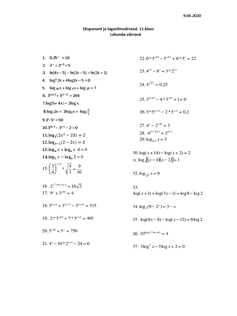Eksponent Ja Logaritmvõrrand | PDF