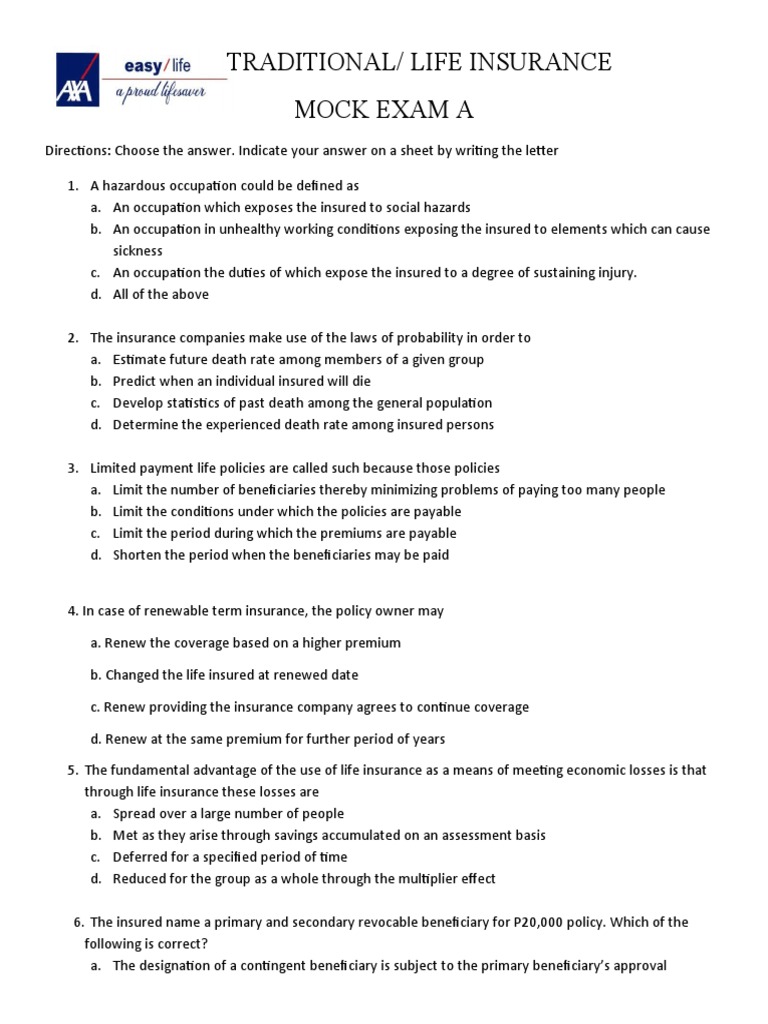 Traditional Life Mock Exam A | PDF | Life Insurance | Insurance