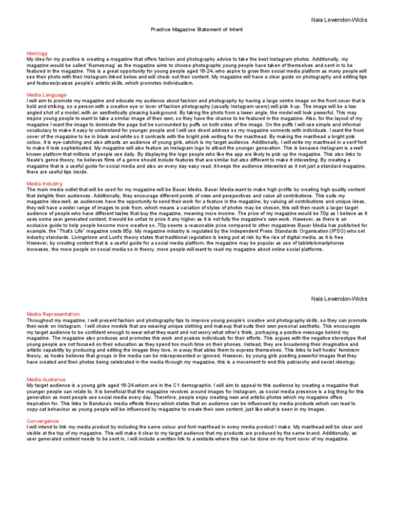 Media Statement of Intent Word Doc Improved | PDF | Social Media ...