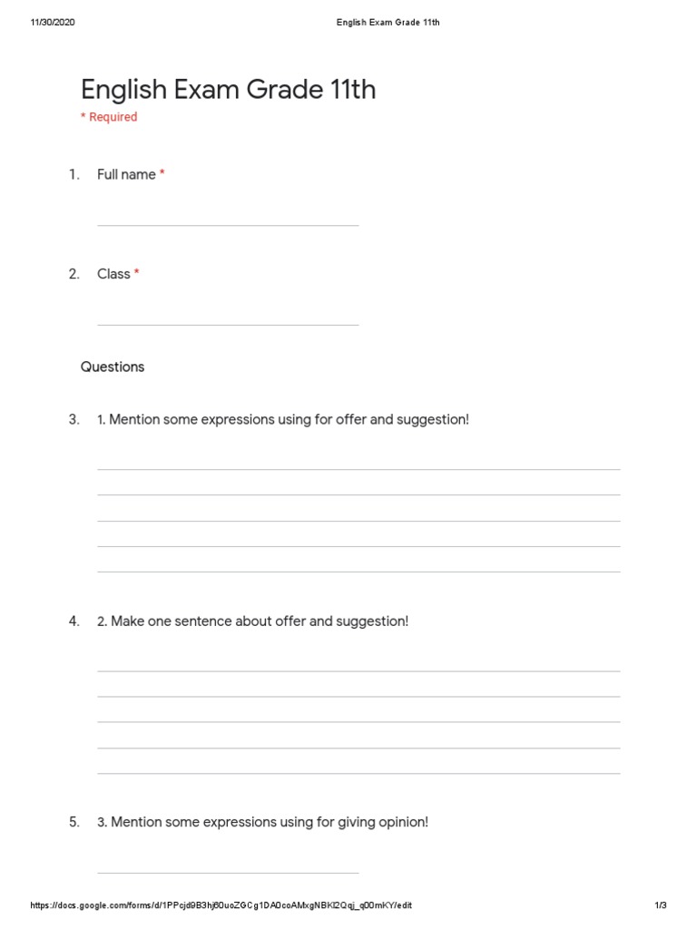 English Exam Grade 11th - Google Forms | PDF